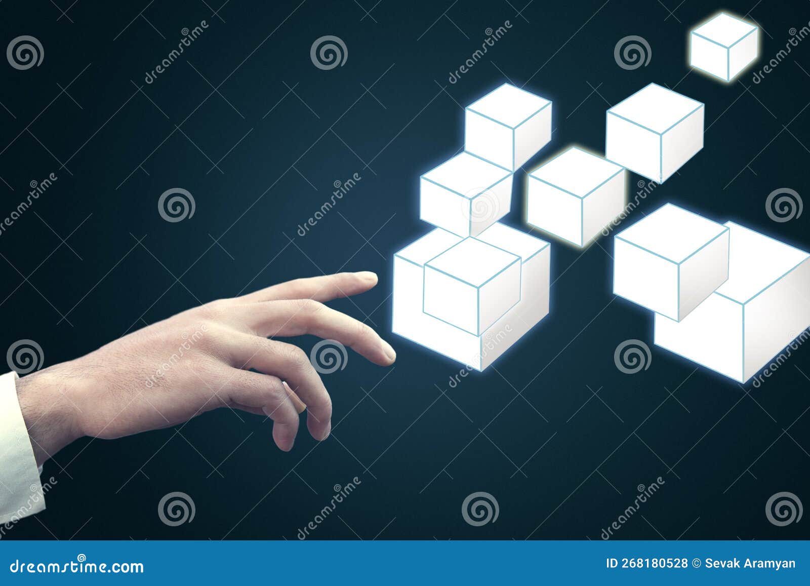 Young Man Touching Cube Symbols Stock Photo - Image of network, modern ...