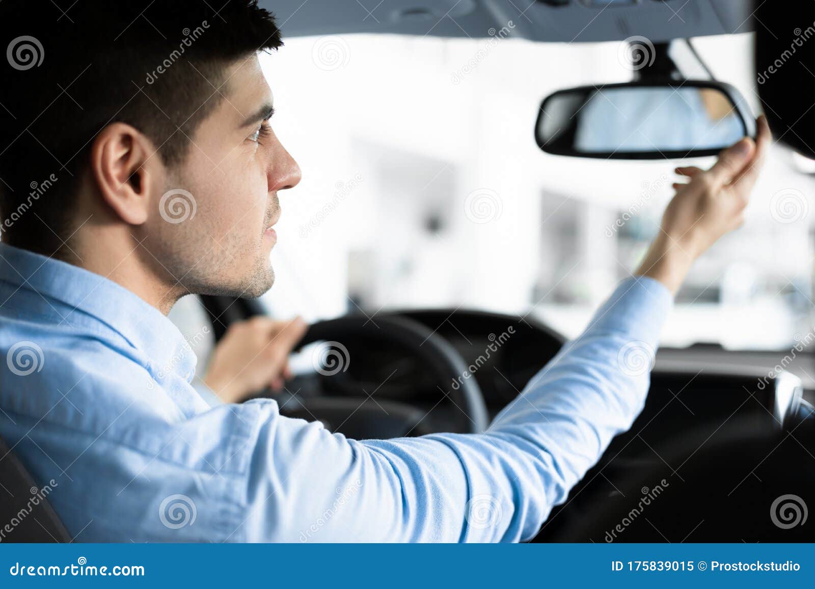 Guy Checking Mirrors Sitting in Driver`s Seat Stock Image - Image of ...