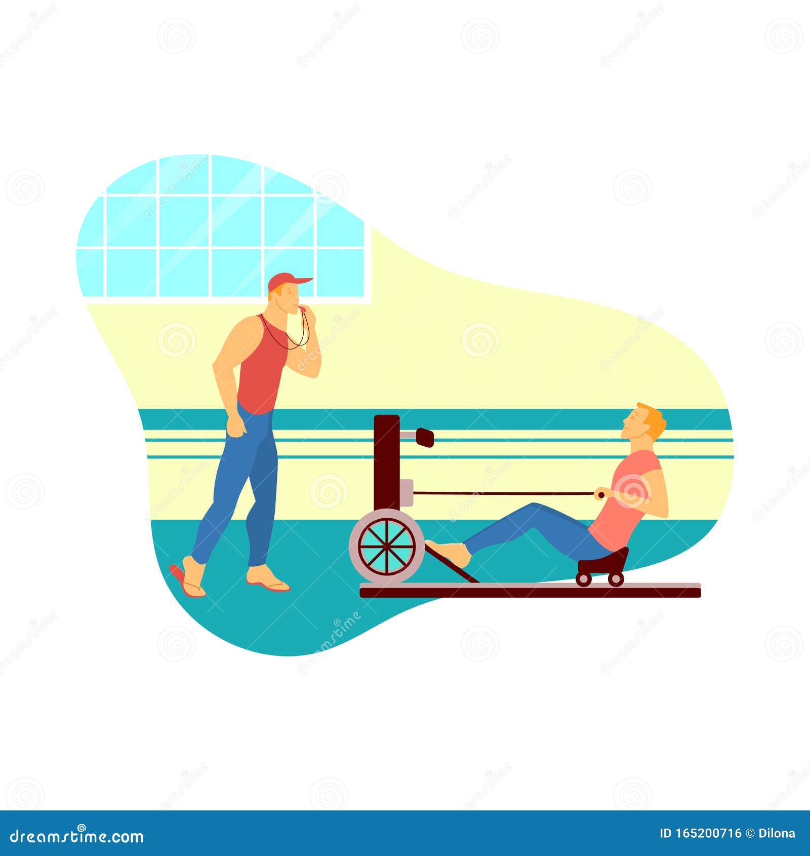 Young Man Training on a Rowing Machine Near Trainer Stock Vector ...