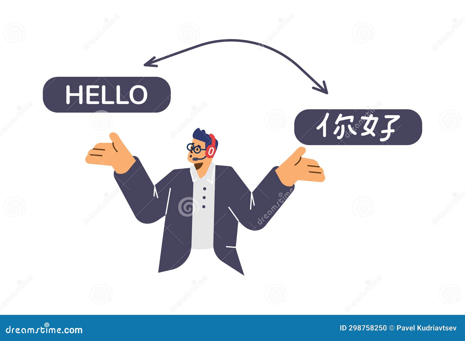 Young Man Translator with Headset Flat Style, Vector Illustration Stock ...