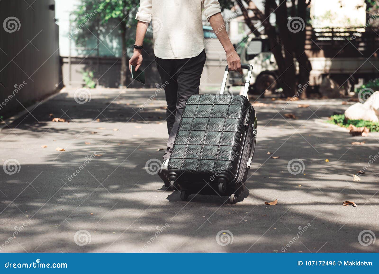 Young Man and Traveling Luggage Suitcase Walking Stock Photo - Image of ...