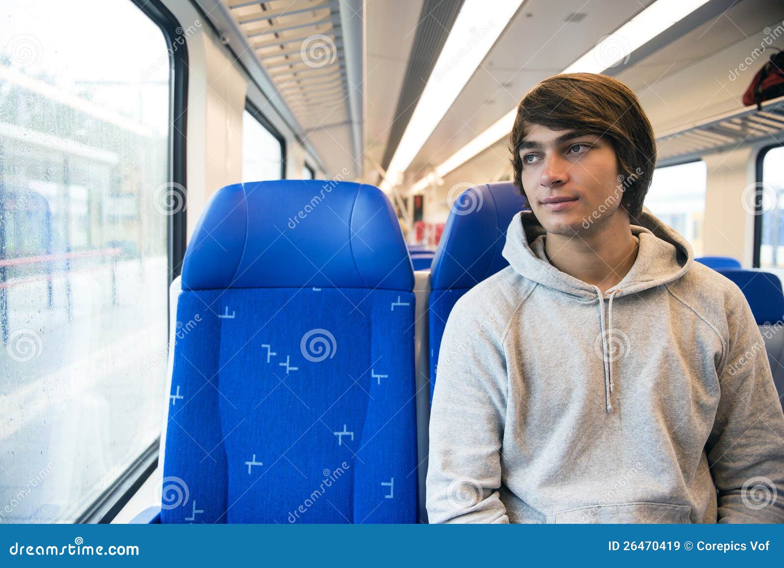 Young Man Travelling in Train Stock Image - Image of passenger ...