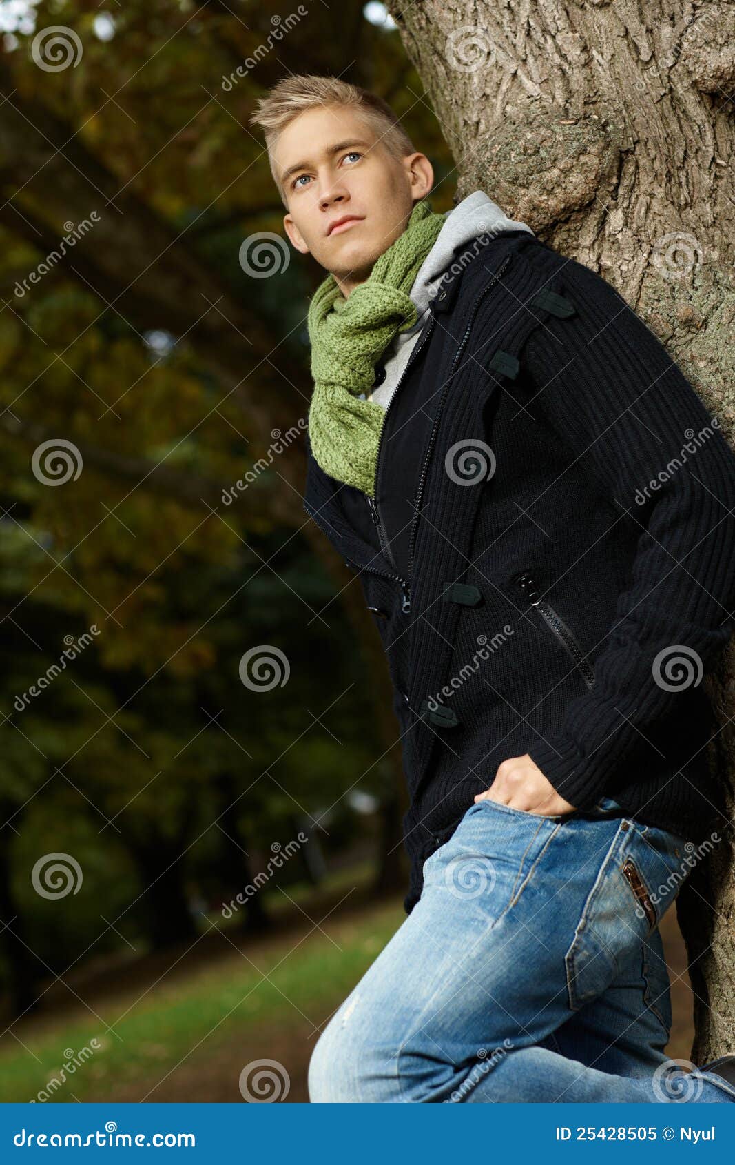 Young Man by Tree in Autumn Park Stock Image - Image of park, leaning ...