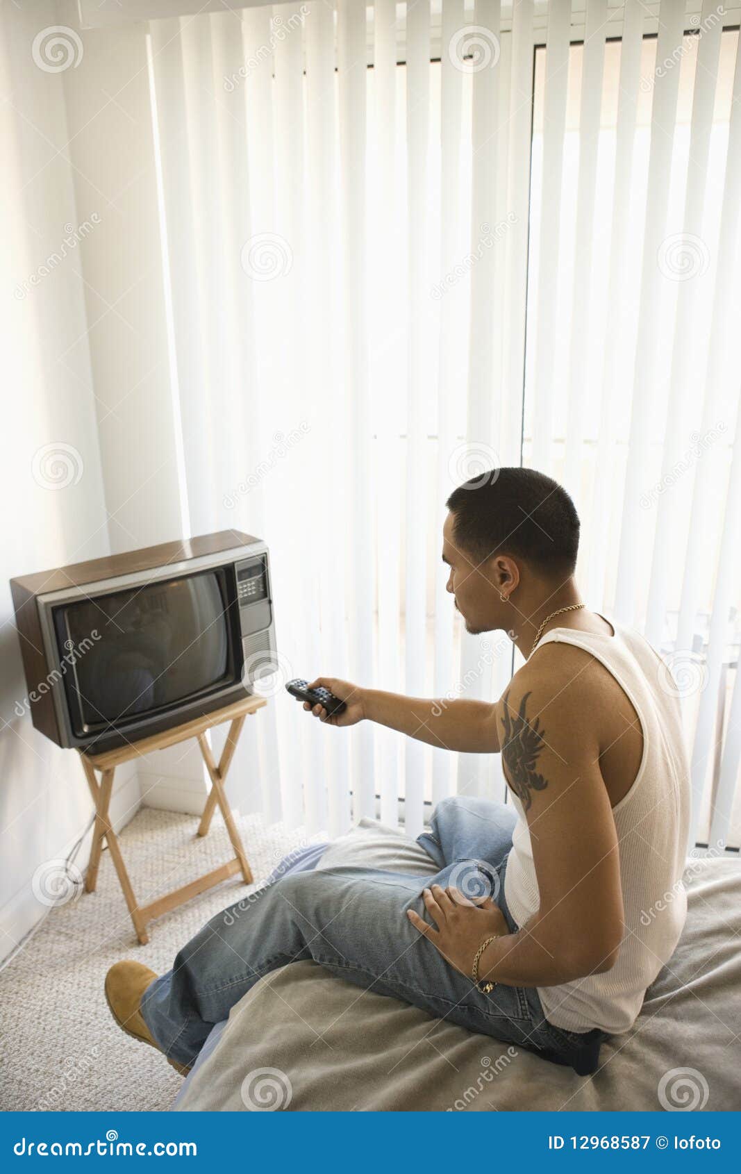 Young Man Turning on TV stock image. Image of indoors - 12968587