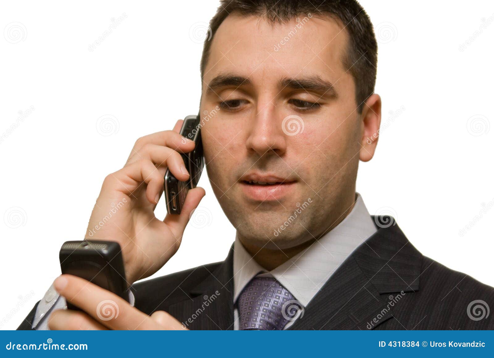 Young Man with Two Cellphones Double Calling Stock Photo - Image of ...