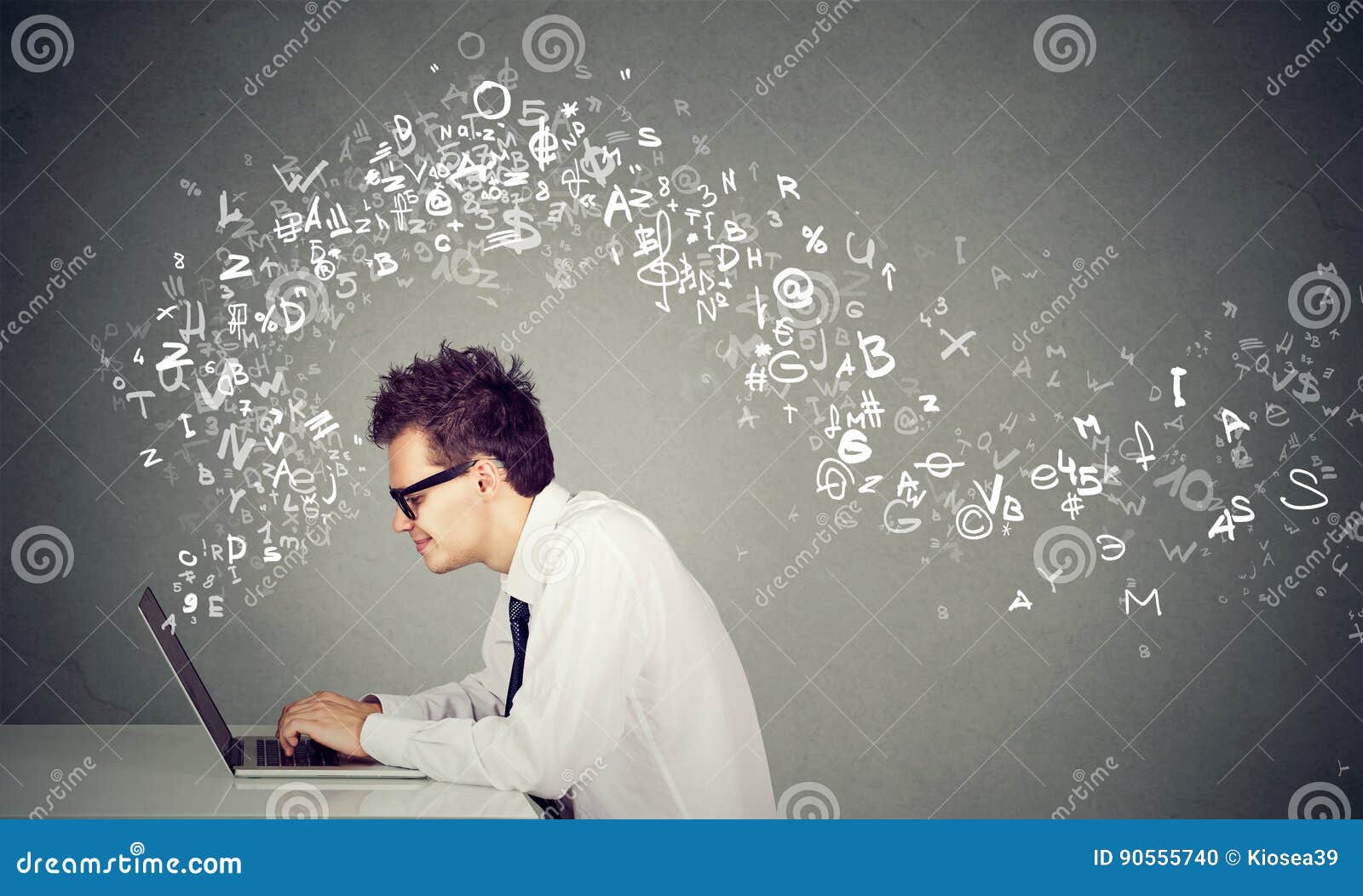 Young Man Typing on Laptop Computer Alphabet Letters Flying Away Stock ...