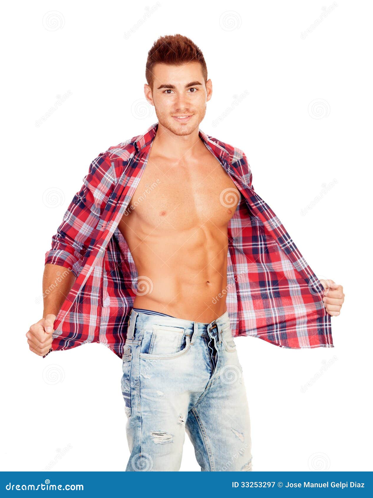 Young Man With Unbuttoned Plaid Shirt Stock Image Image Of Athlete