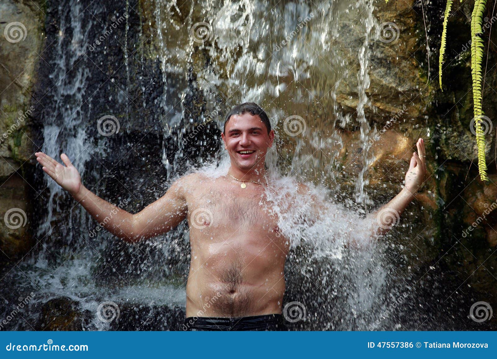 Young the Man Under a Falls Stock Photo - Image of energy, cascade ...