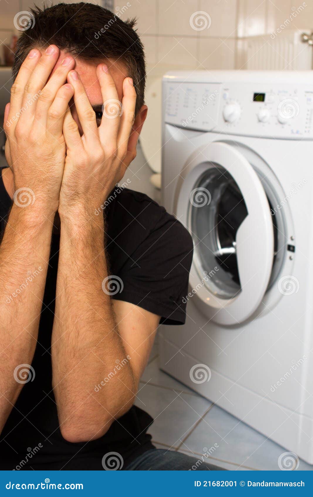 Young Man Unhappy with Washing Mashine Stock Image - Image of sadness ...