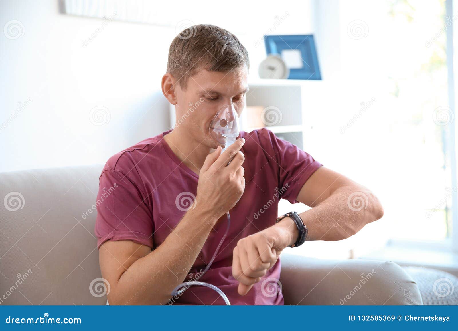 Young Man Using Asthma Machine Stock Image - Image of male, breath ...