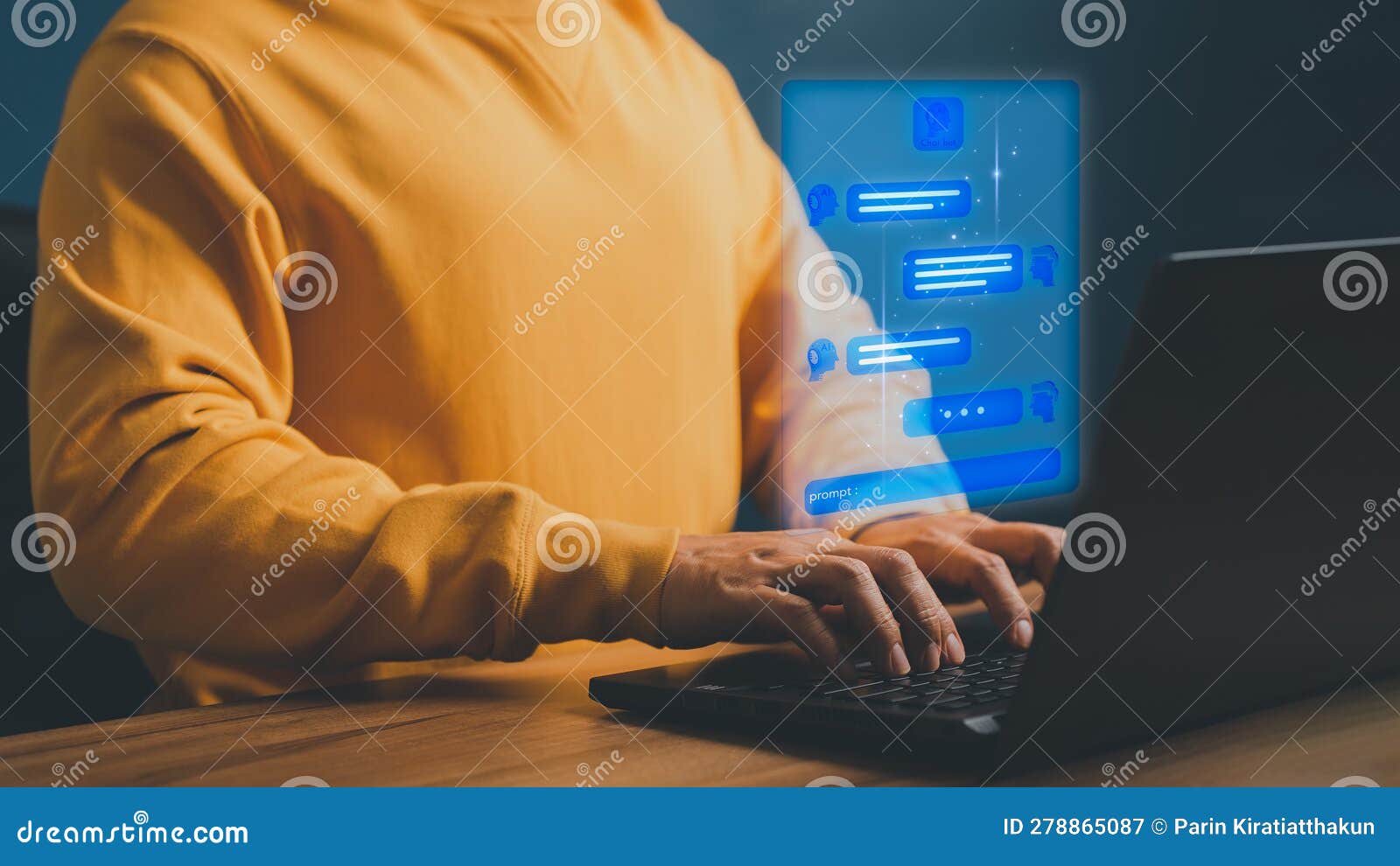 Young Man Using Laptop Computer Chatting with Chat Bot, Chat with Smart ...