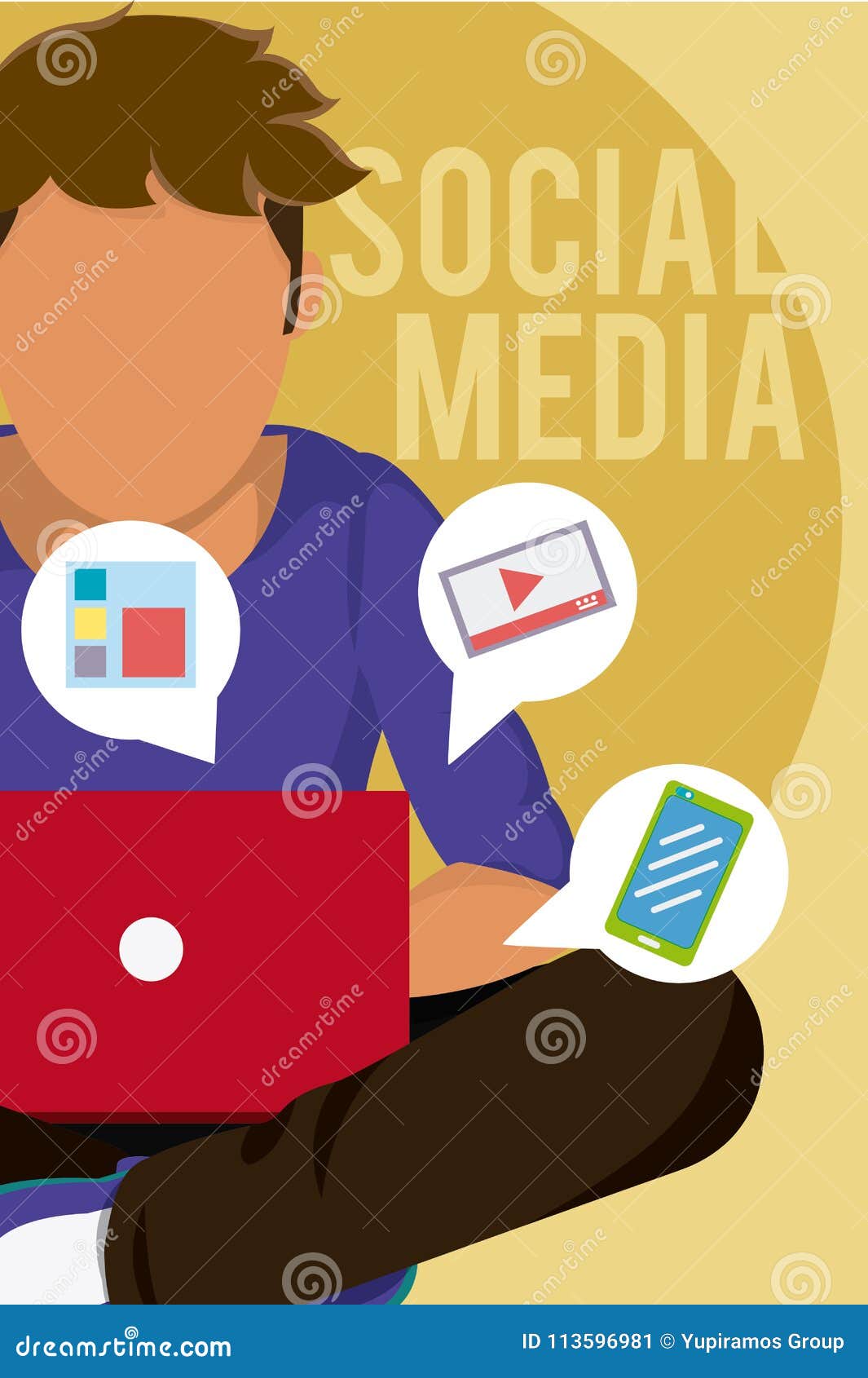 Young man using laptop stock vector. Illustration of virtual - 113596981