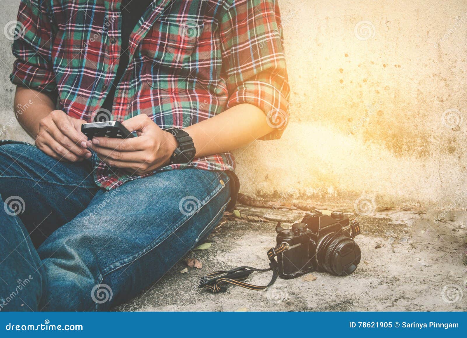 Young Man Using Mobile Phone with Old Retro Camera Stock Image - Image ...