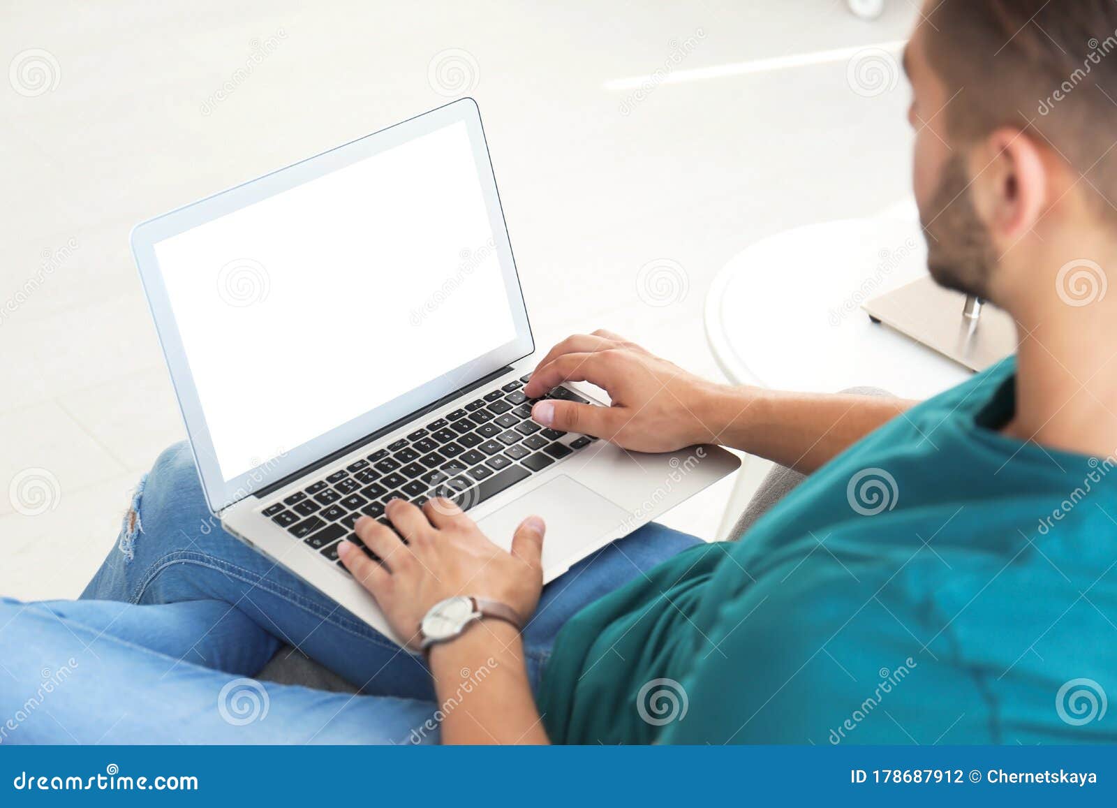 Young Man Using Modern Computer, Focus on Hands. Space for Design Stock ...