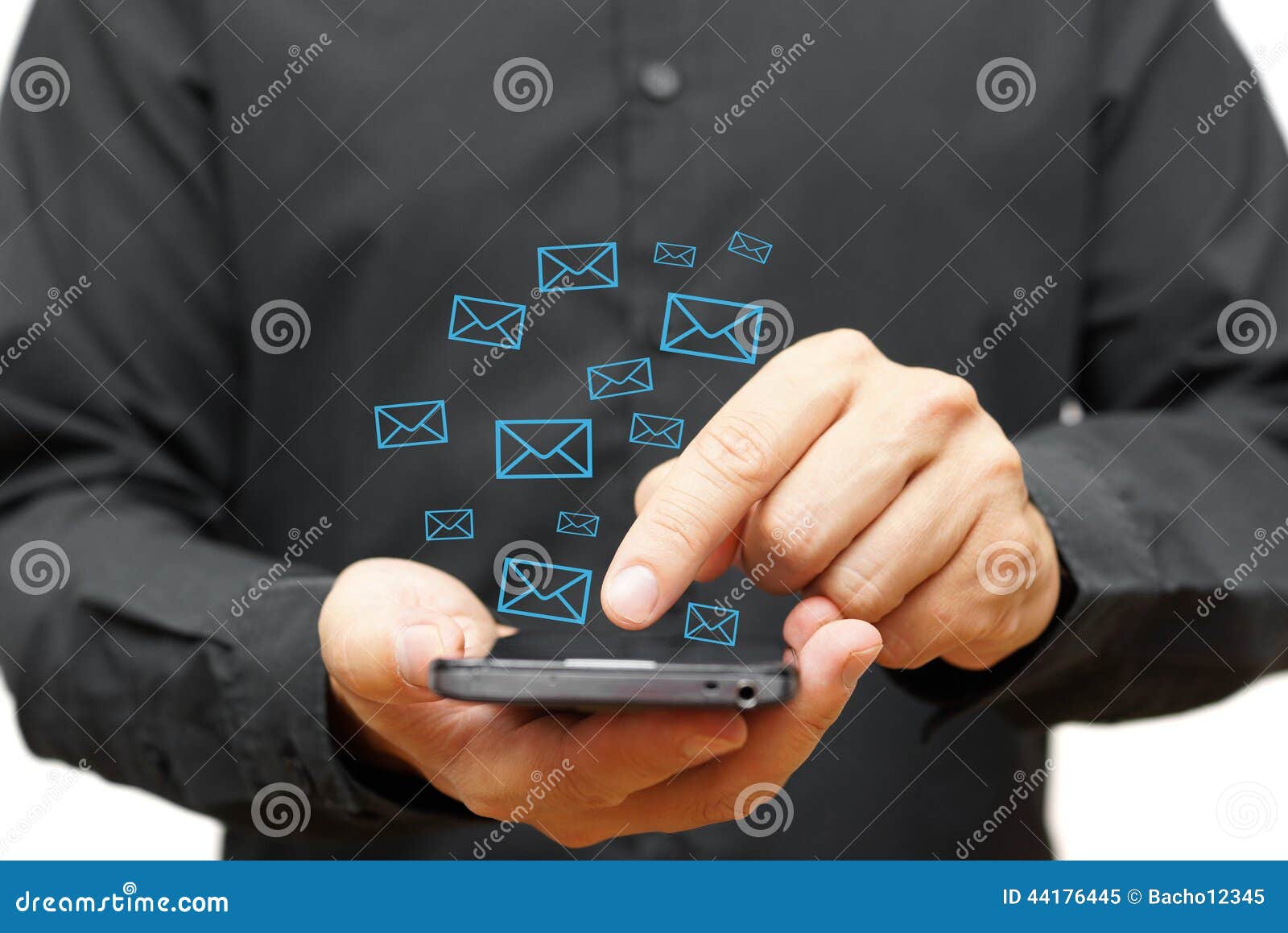 Young Man Using Smart Phone with Email Icons Around Stock Image - Image ...