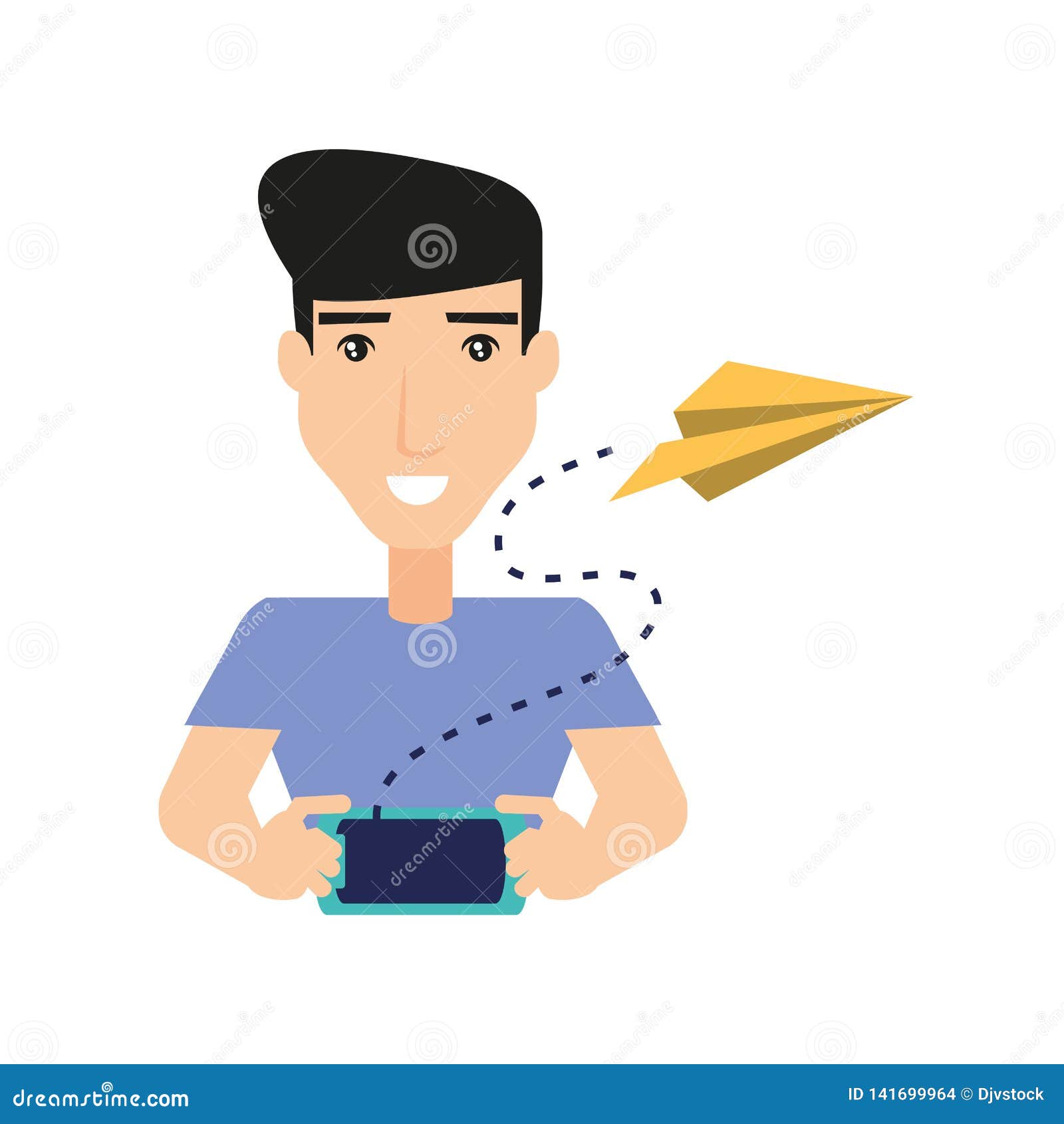 Young Man Using Smartphone and Airplane Paper Stock Vector ...