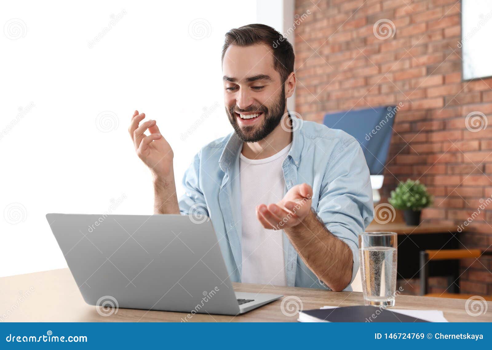 Young Man Using Video Chat on Laptop Stock Image - Image of education ...