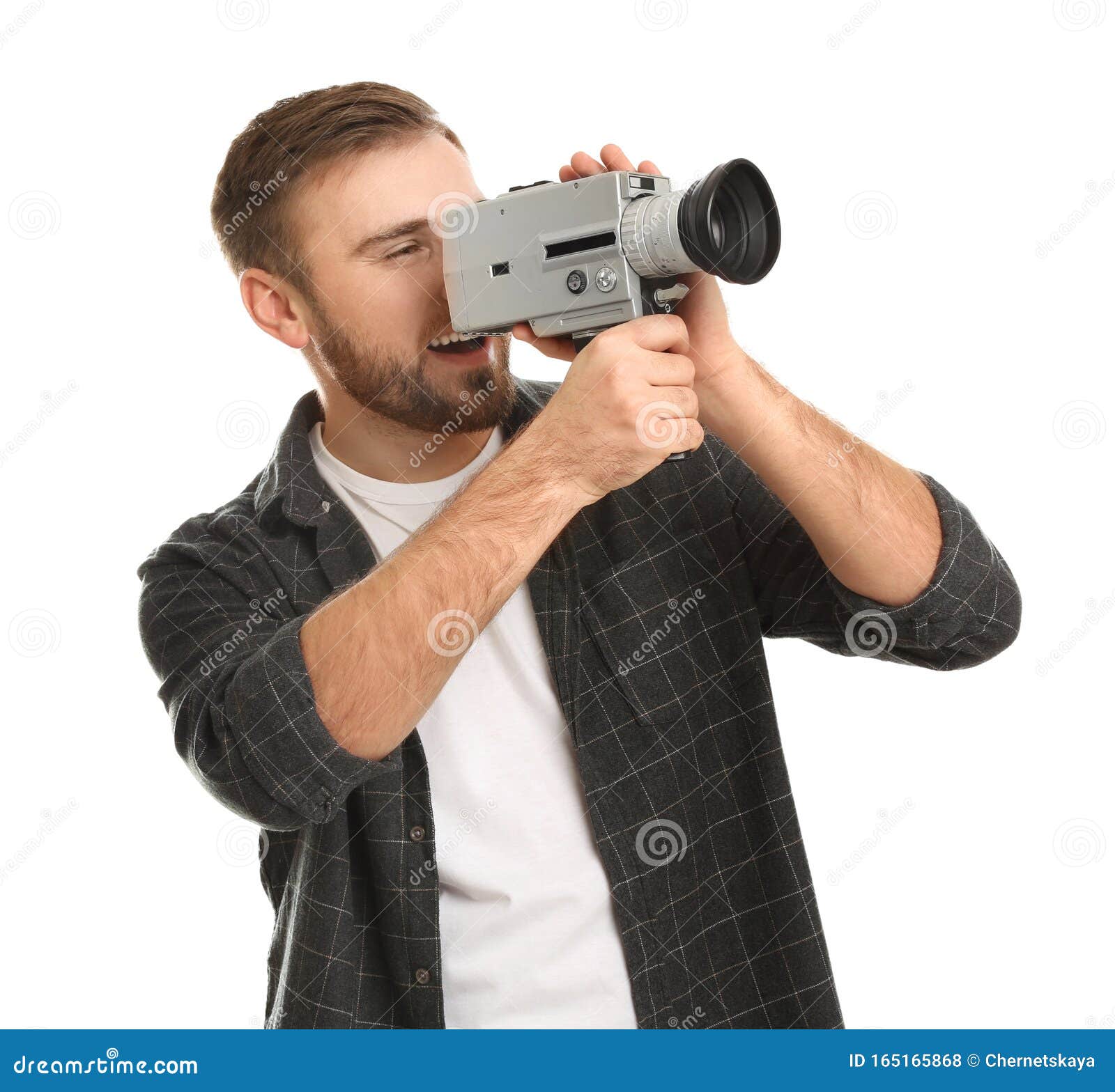 Young Man Using Vintage Video Camera on White Stock Photo - Image of ...