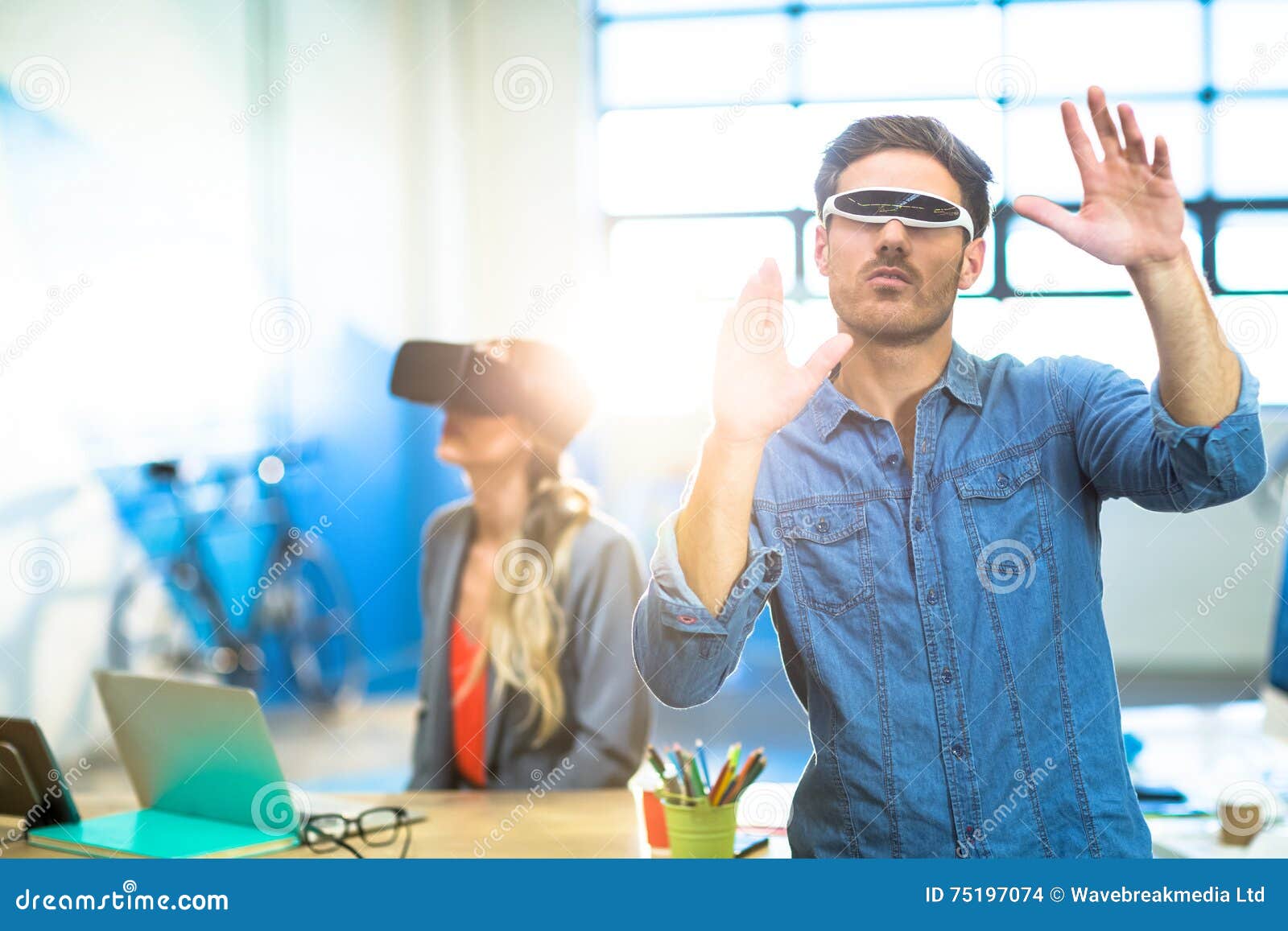 Young Man Using the Virtual Reality Video Glass Stock Photo - Image of ...