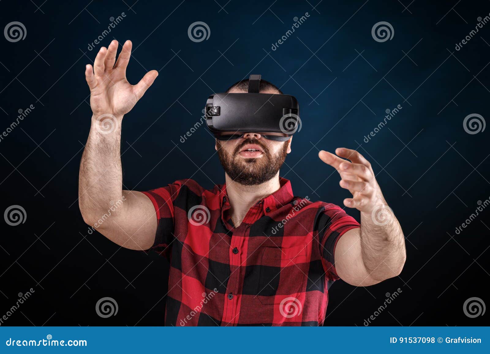 Young man using VR glasses stock photo. Image of entertainment - 91537098