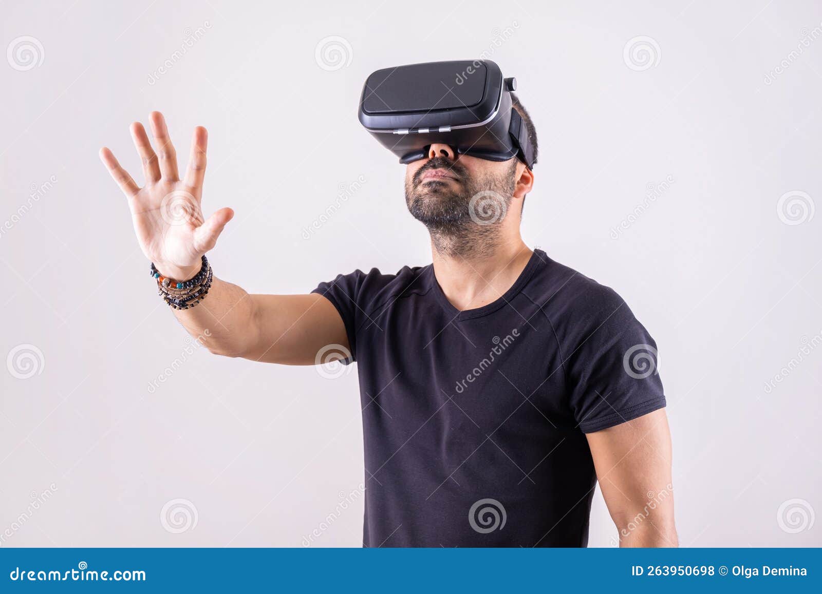 Young Man in VR Glasses Headset Gesturing Portrait. Virtual Reality ...