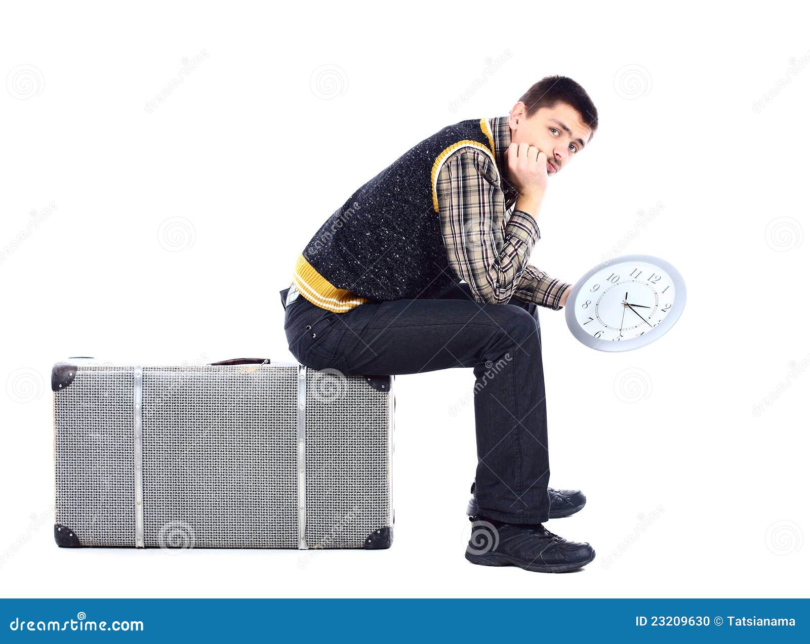 Young Man Waiting at Airport, Holding Big Clock Stock Photo - Image of ...