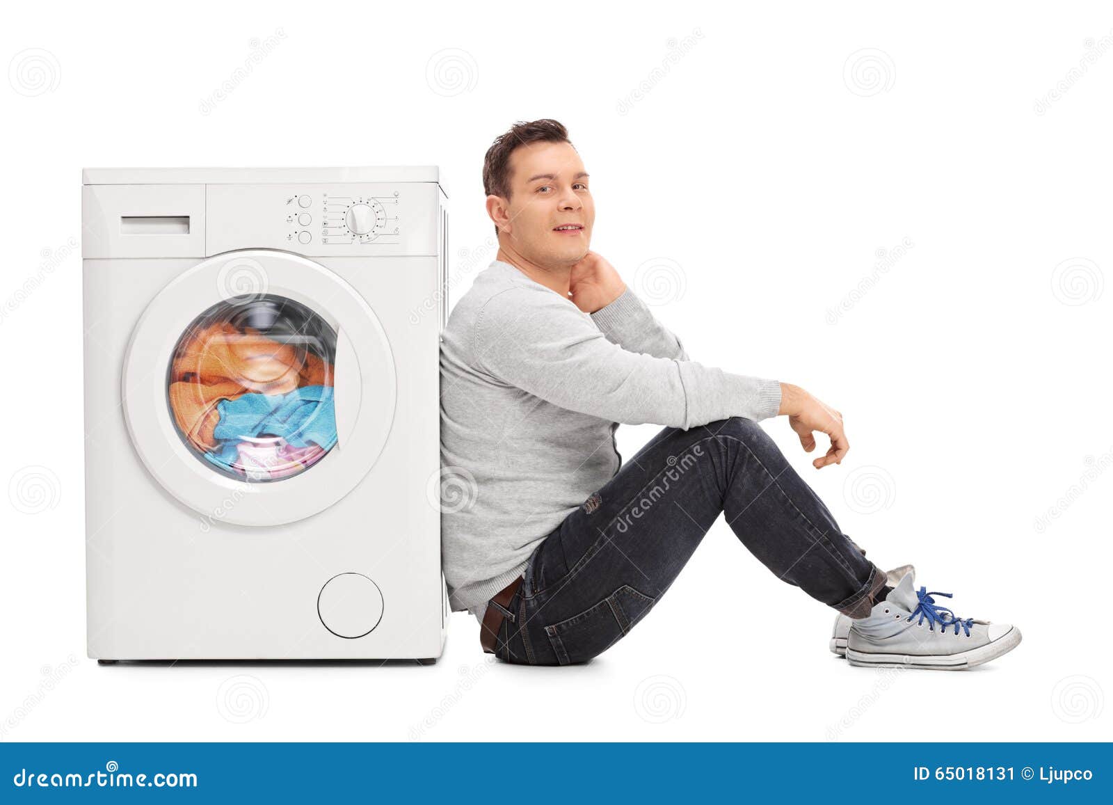 Young Man Waiting for the Laundry Stock Image - Image of floor ...