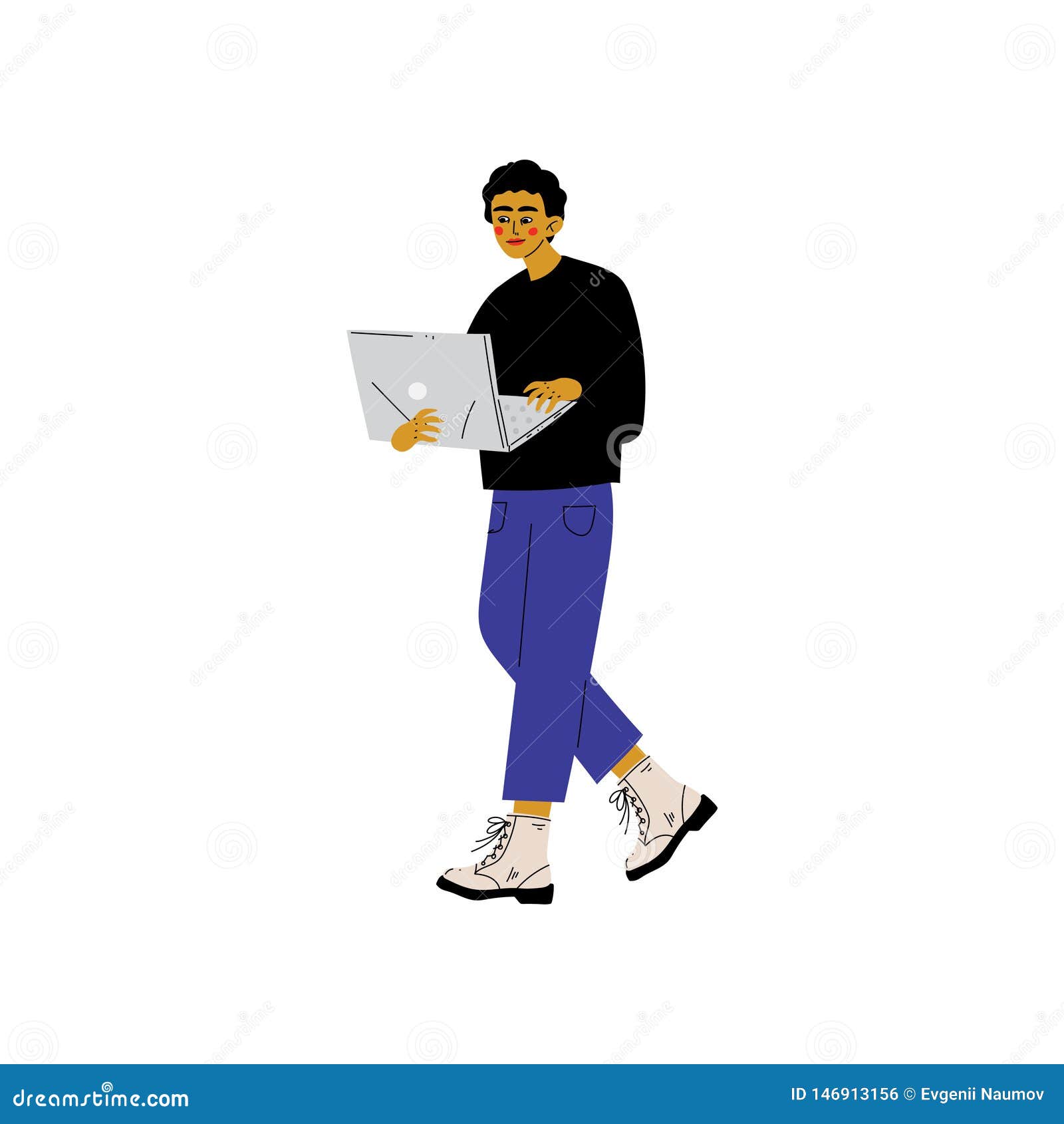 Young Man Walking with Laptop, Guy Working or Relaxing Using Computer ...