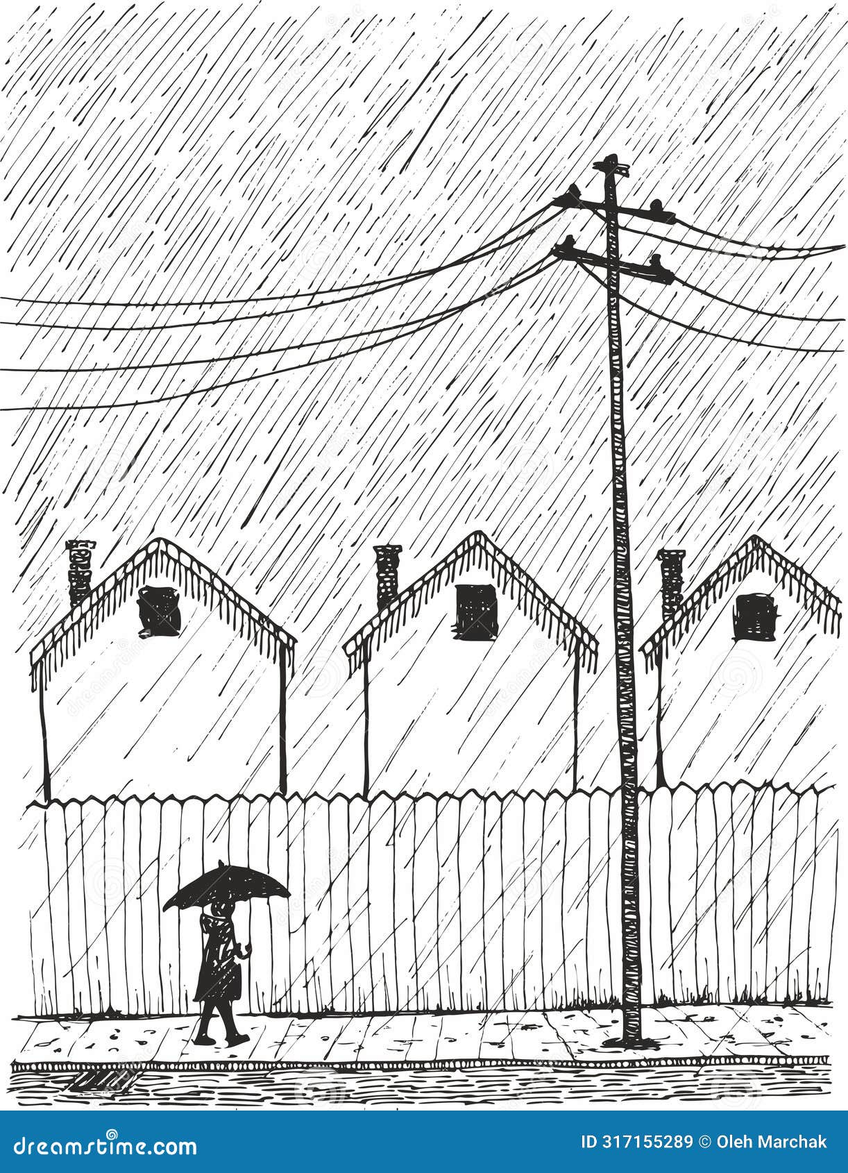 Young Man Walking In Rain Under Umbrella. Hand Drawn Illustration ...