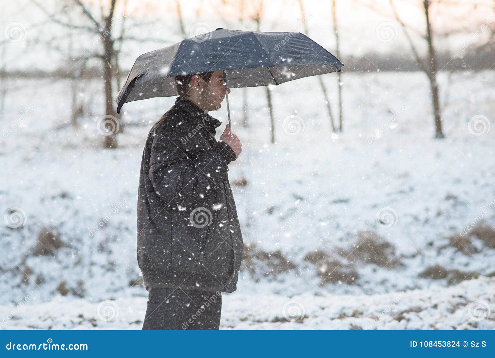 Young Man Walking in the Snowfall Stock Photo - Image of frozen ...
