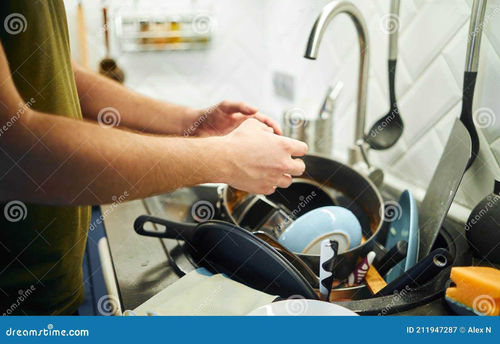 Young Man Washing Dishes in the Kitchen. Stock Image - Image of adult ...