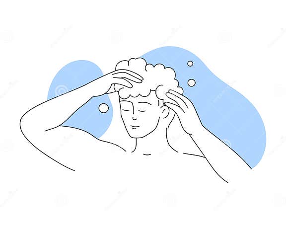 Young Man Washing Hair With Shampoo Foam Male Character Massaging