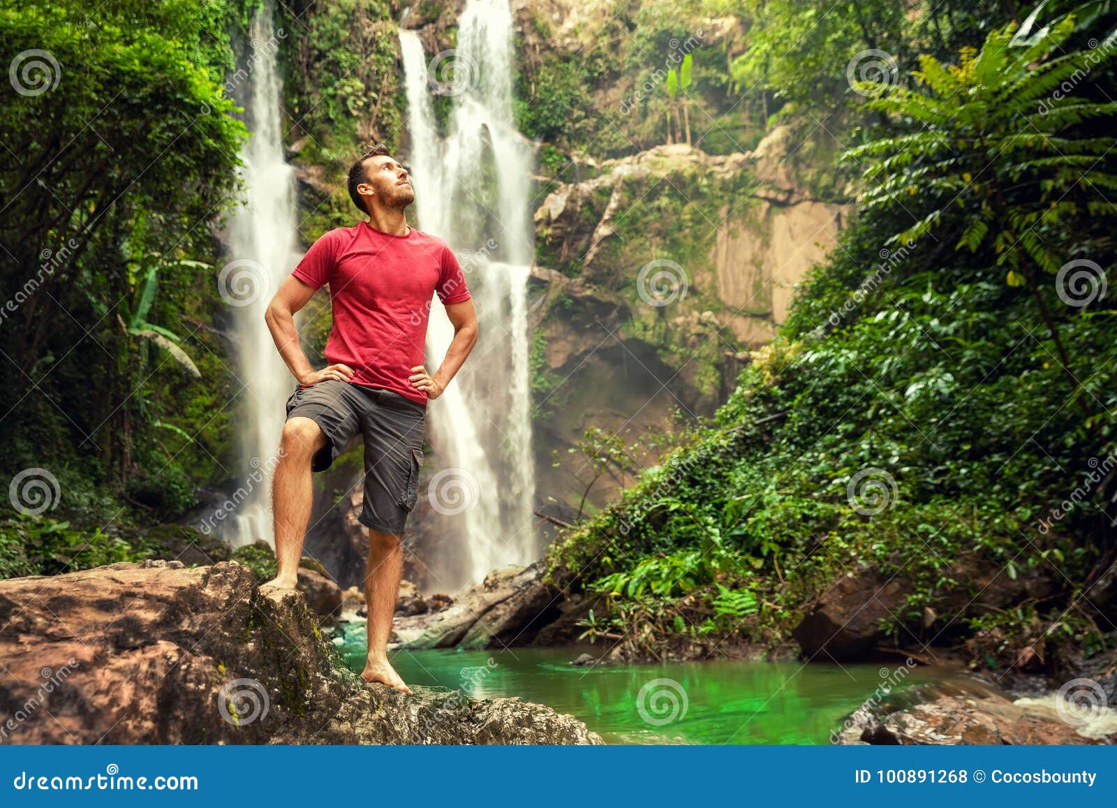 Young Man by the Waterfall stock photo. Image of handsome - 100891268