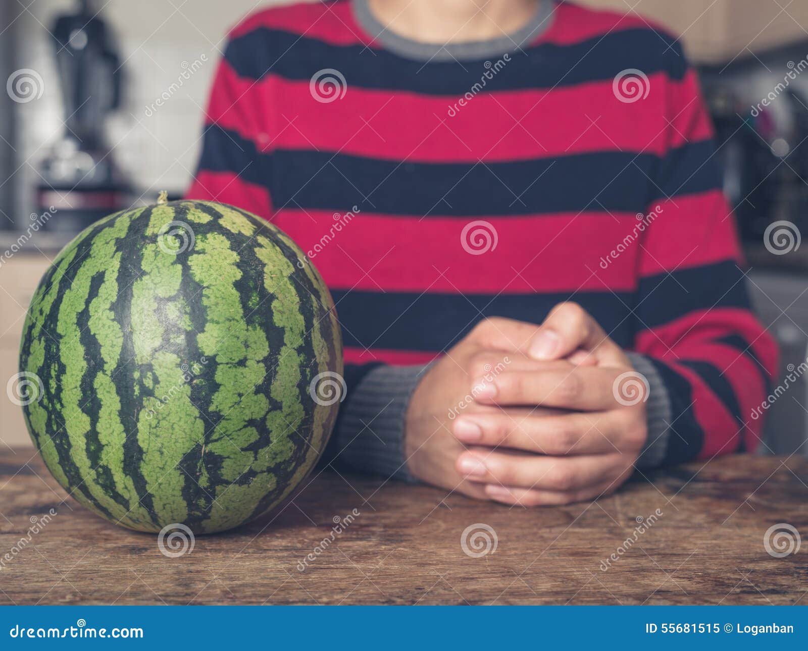 Young Man with Watermelon in Kitchen Stock Image - Image of person ...