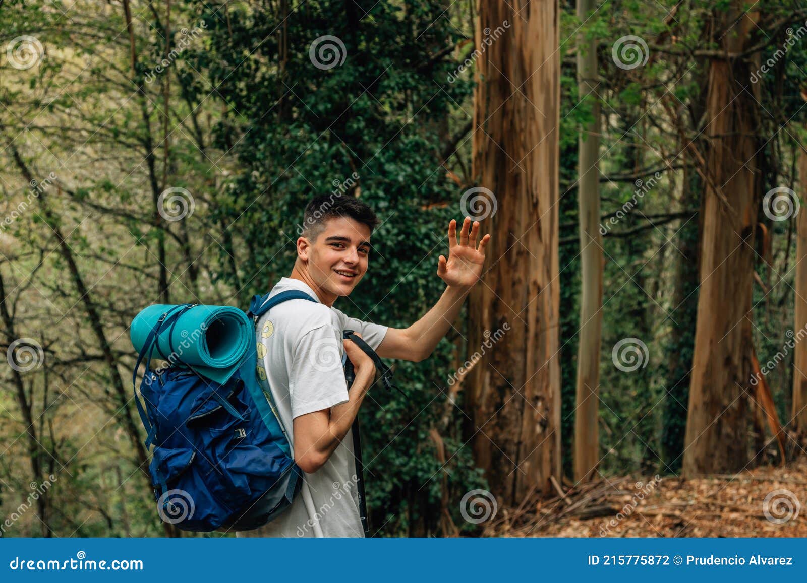 Young Man Waving while Hiking Outing Stock Photo - Image of lifestyle ...