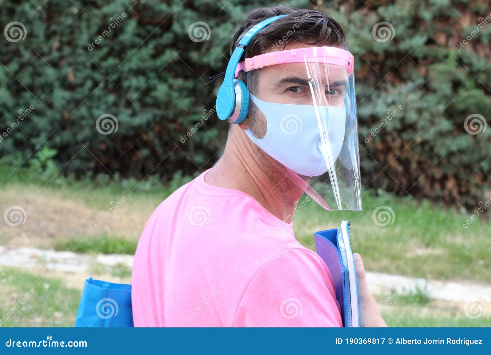 Young Man Wearing Face Shield and Protective Mask Stock Image - Image ...