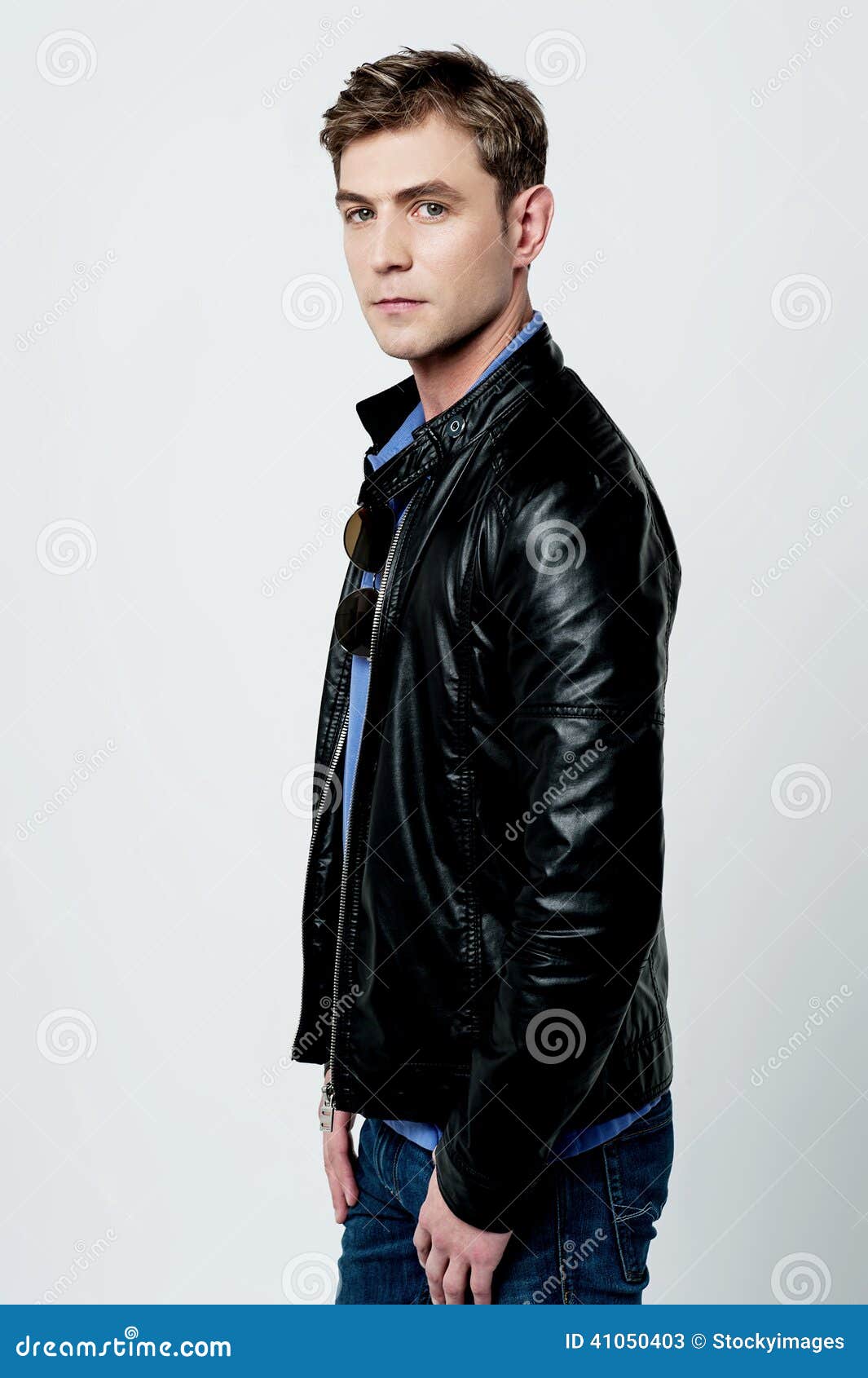 Young Man Wearing Leather Jacket Stock Image - Image of joyful, fashion ...