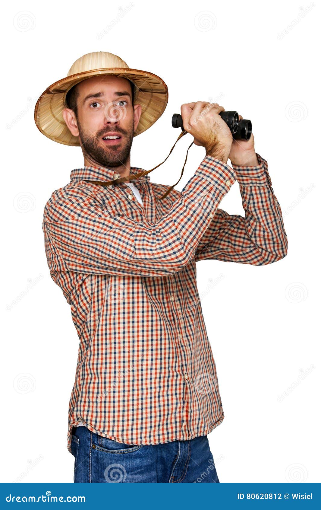 Young Man Wearing a Pith Helmet Looking through a Pair of Binoculars ...