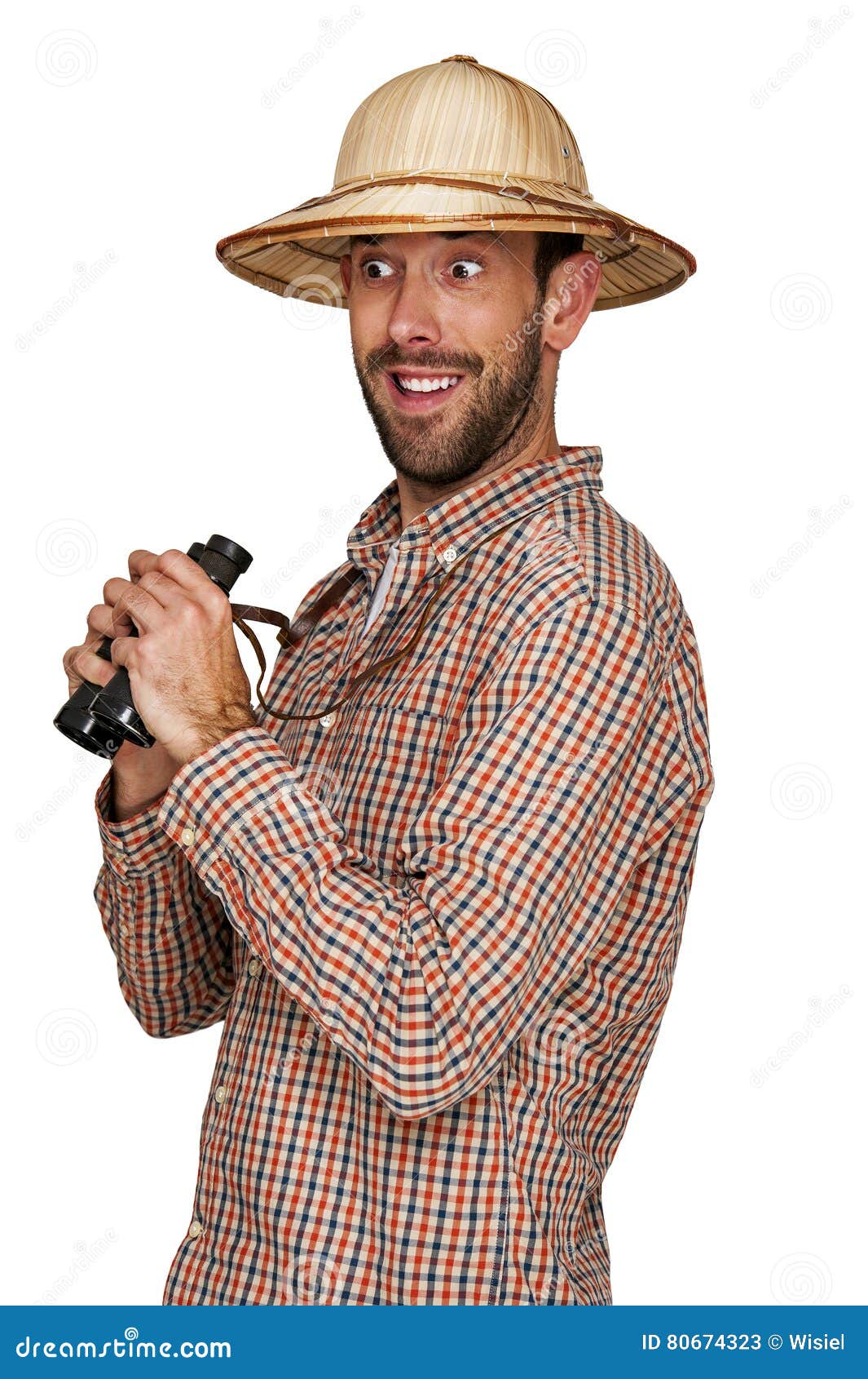 Young Man Wearing a Pith Helmet Looking through a Pair of Binoculars ...
