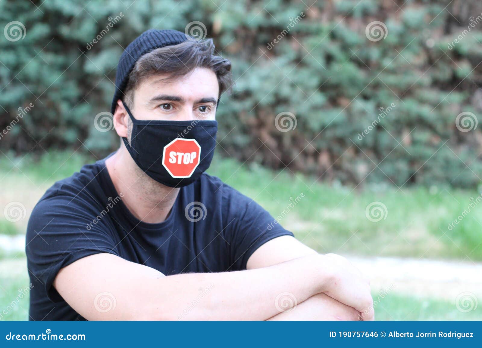 Young Man Wearing Protective Face Mask with Stop Sign Stock Photo ...
