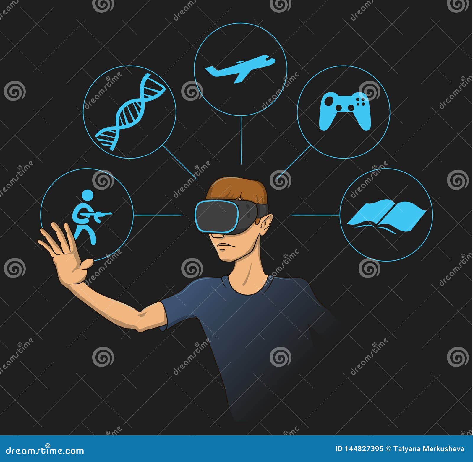 Young Man Wearing Virtual Reality Head-set with Virtual Items Around ...