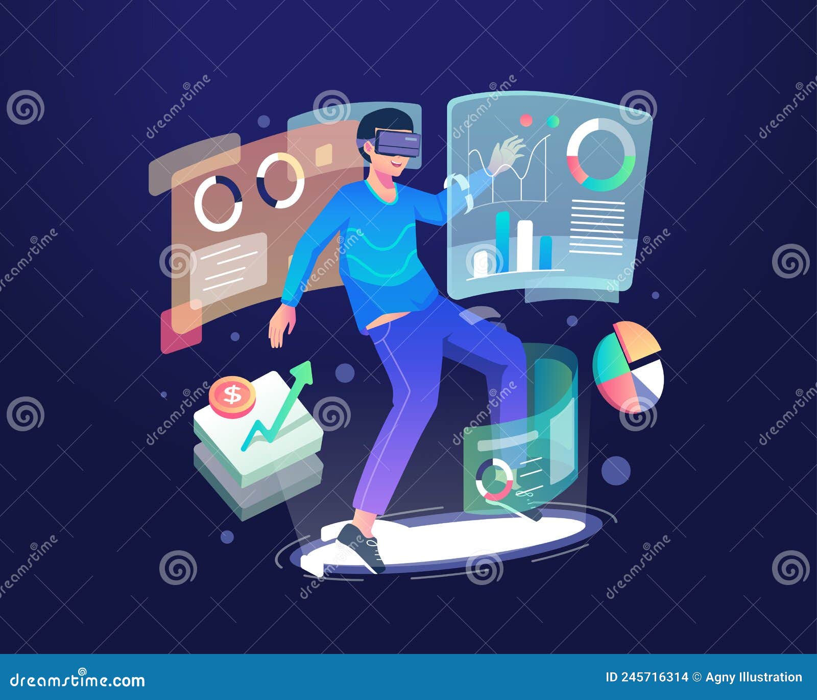 A Young Man Wearing a Virtual Reality Headset Interacts with Data Graph ...