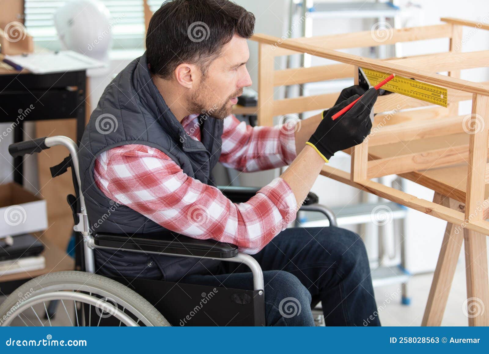 Young Man in Wheelchair Making Wooden Construction Stock Image - Image ...