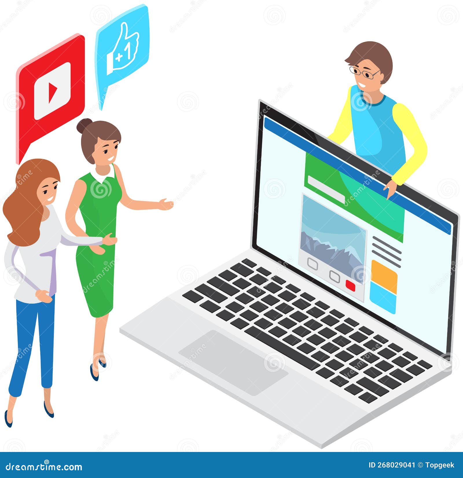 Young Man and Woman Characters Working with Webpage and Interfaces ...