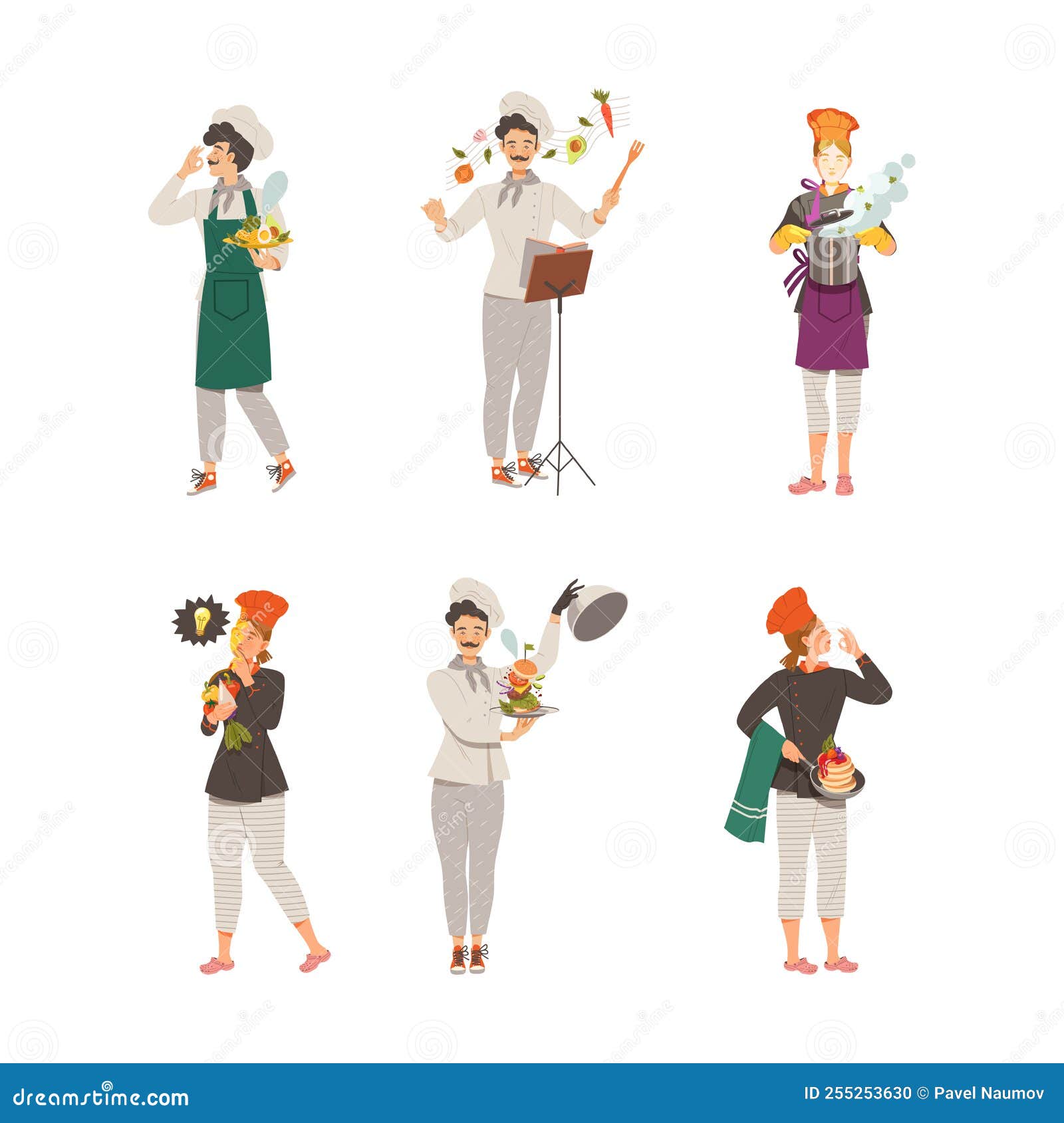 Young Man And Woman Chef Master Cooking Food And Preparing Dishes Of