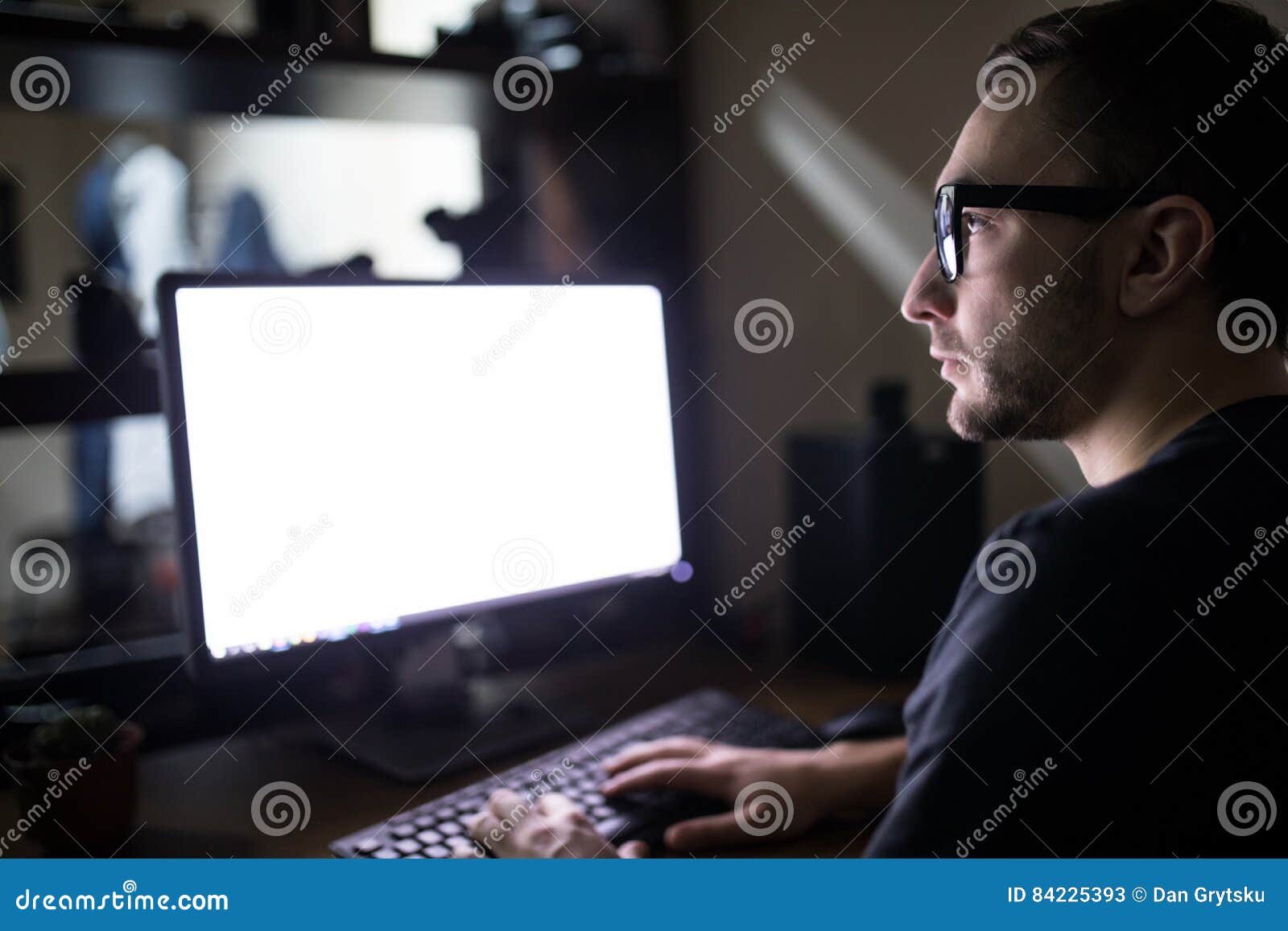 Young man work on PC stock image. Image of leisure, online - 84225393