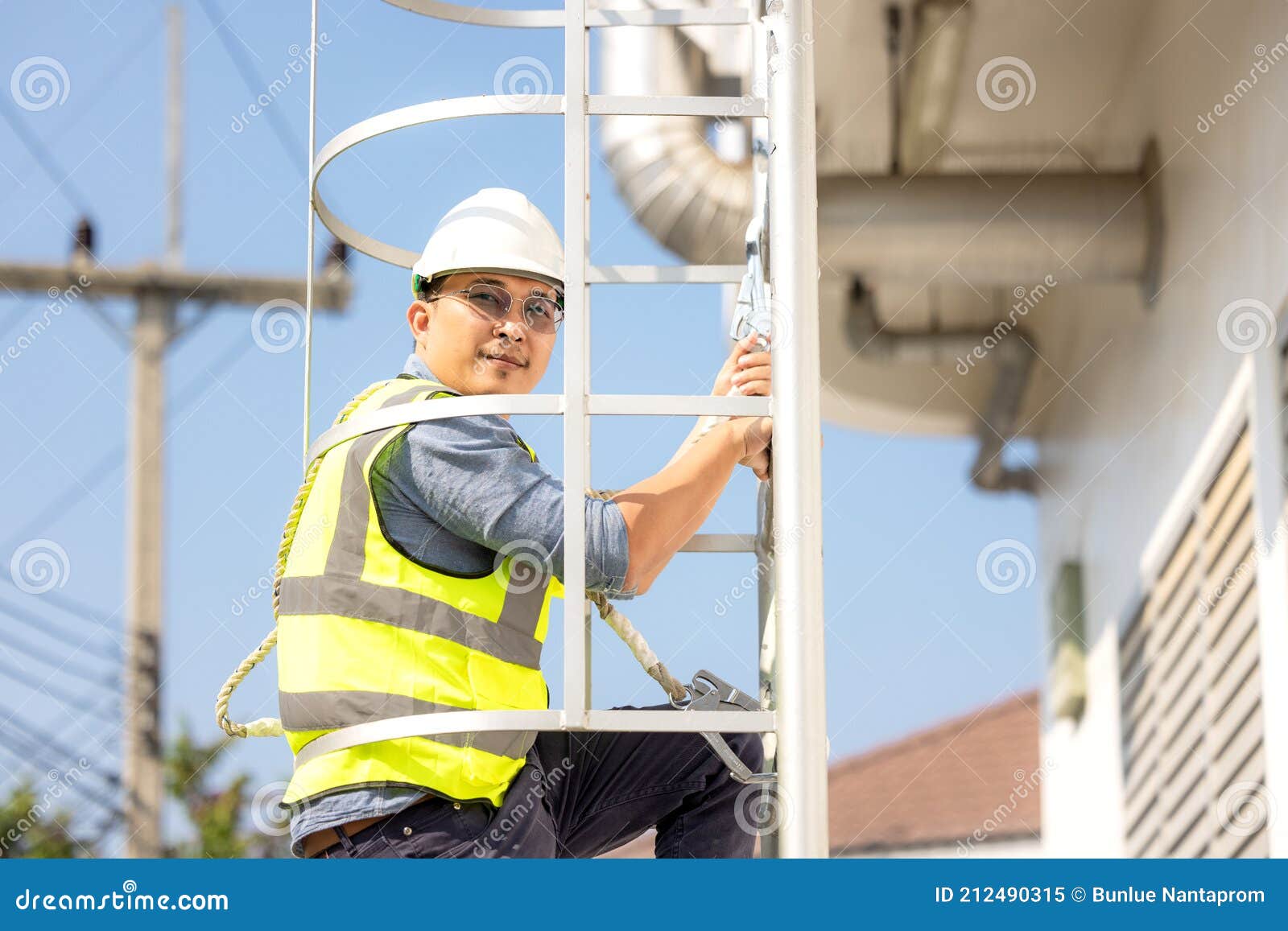 Young Man Worker or Engineer Climb Ladder Stock Image - Image of climb ...