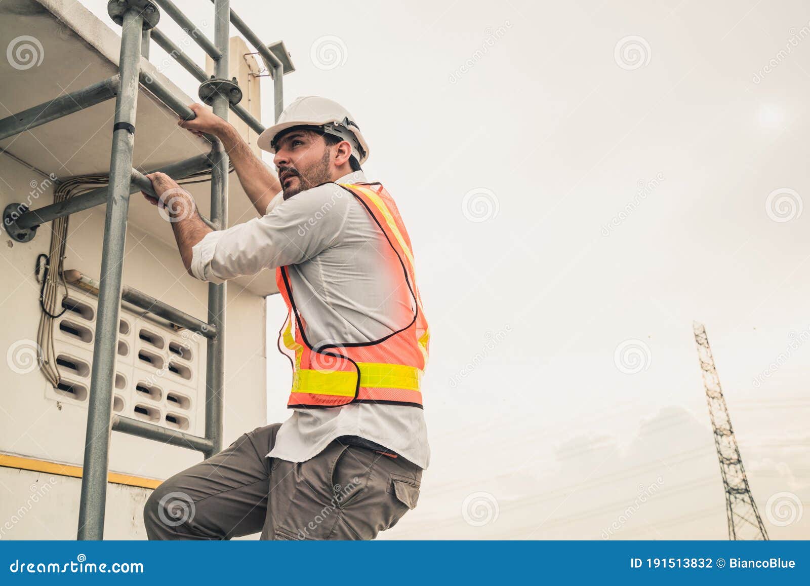 Young Man Worker or Engineer Climb Ladder. Stock Photo - Image of ...