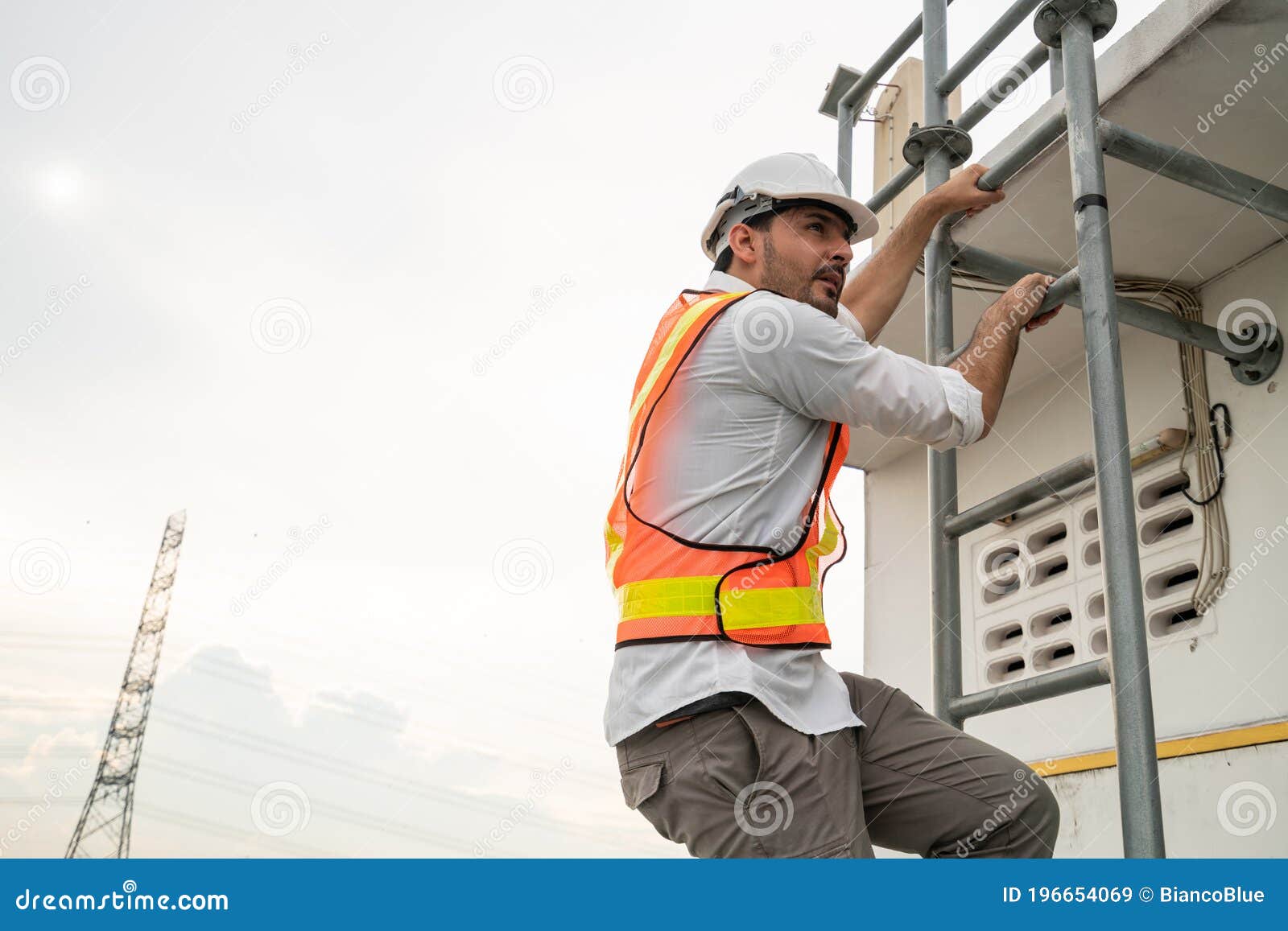 Young Man Worker or Engineer Climb Ladder. Stock Image - Image of hard ...