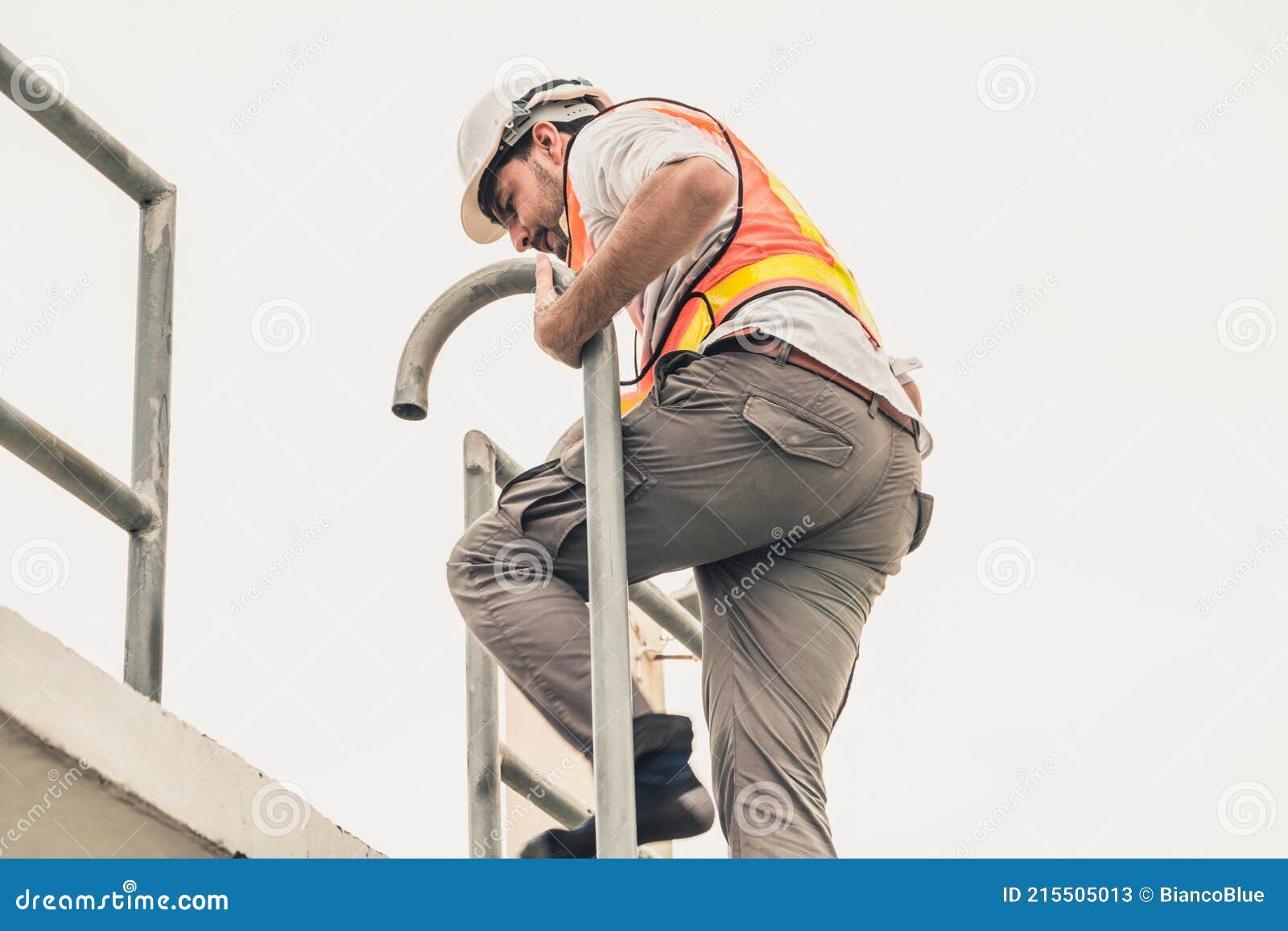 Young Man Worker or Engineer Climb Ladder. Stock Image - Image of ...